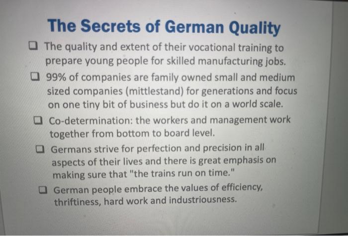 Solved The Secrets of German Quality The quality and extent | Chegg.com
