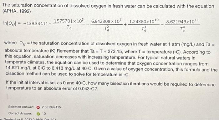 Solved The saturation concentration of dissolved oxygen in | Chegg.com