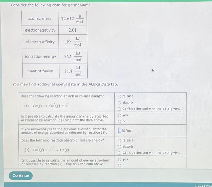 Solved Consider the following data for germanium: You may | Chegg.com