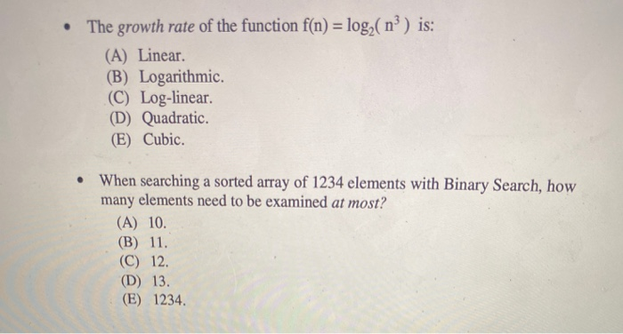 Solved • The growth rate of the function f(n) = log2( nº) | Chegg.com