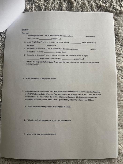 Solved Name: Pre-Lab 1. Acceeding to Charles" Law, as | Chegg.com