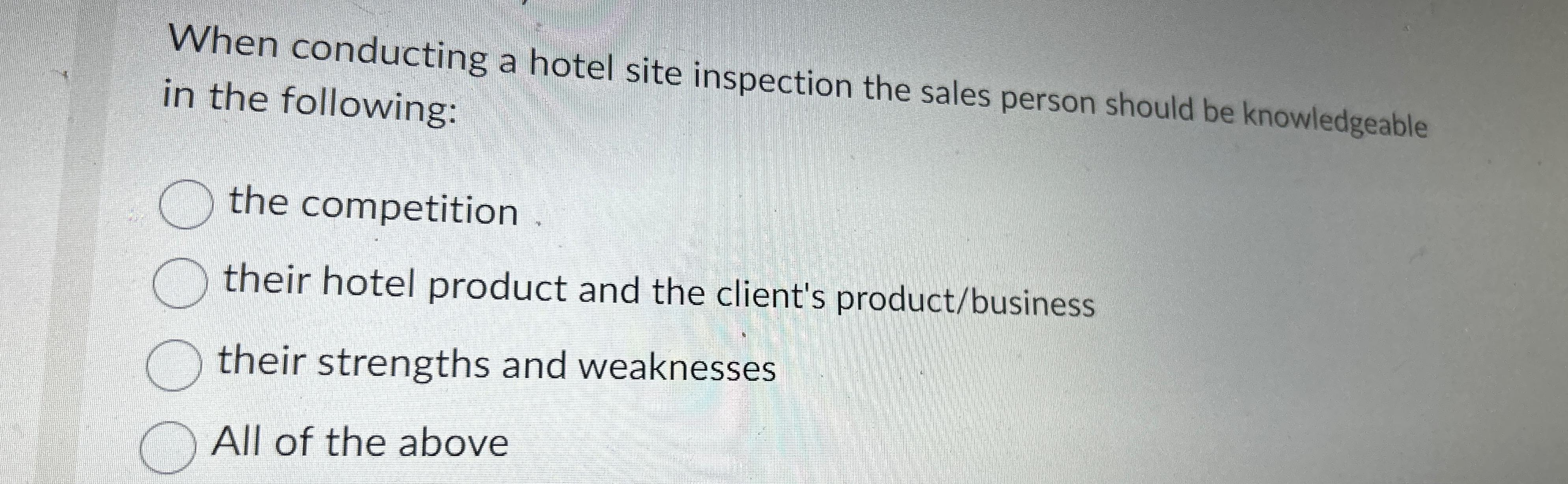 Solved When conducting a hotel site inspection the sales | Chegg.com