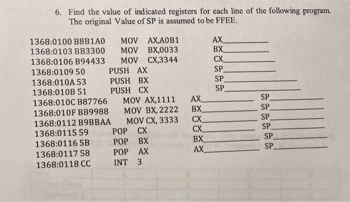 Solved 6. Find the value of indicated registers for each | Chegg.com