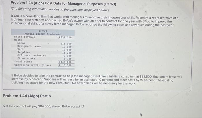 Solved Problem 1-44 (Algo) Cost Data for Managerial Purposes | Chegg.com