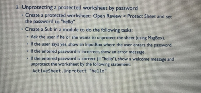 Solved . 2. Unprotecting a protected worksheet by password | Chegg.com