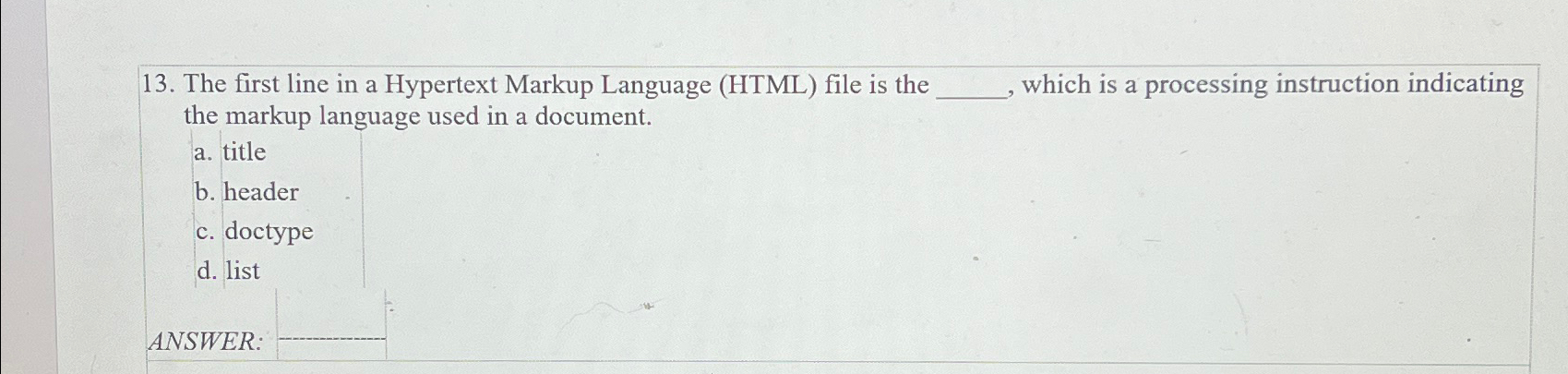 Solved The first line in a Hypertext Markup Language (HTML) | Chegg.com
