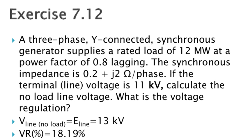 Solved Exercise 7.12A three-phase, Y-connected, synchronous | Chegg.com