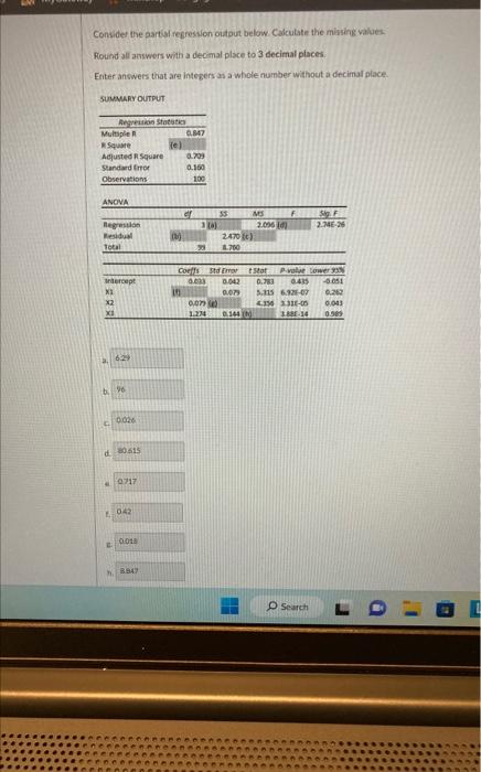 Solved Partial Regression Output Round All Answers With A 