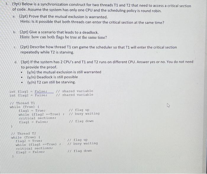 Solved 3. (pt) Below is a synchronization construct for two | Chegg.com