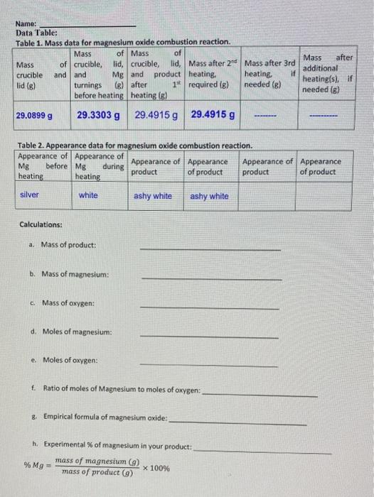 Solved Name: Data Table: Table 1. Mass data for magnesium | Chegg.com