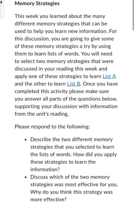Solved Memory Strategies This week you learned about the | Chegg.com