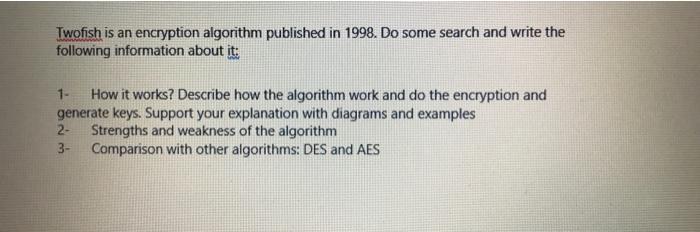 Solved Twofish is an encryption algorithm published in 1998. | Chegg.com