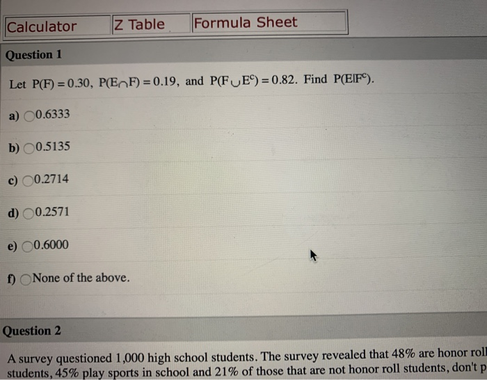 Solved Calculator Z Table Formula Sheet Question 1 Let P(F) | Chegg.com