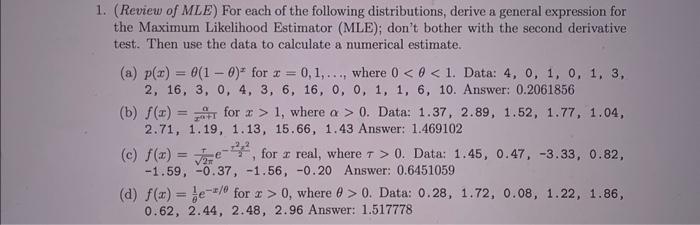 Solved (Review of MLE ) For each of the following | Chegg.com