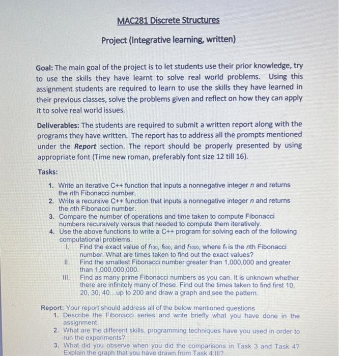 Solved MAC281 Discrete Structures Project (Integrative | Chegg.com