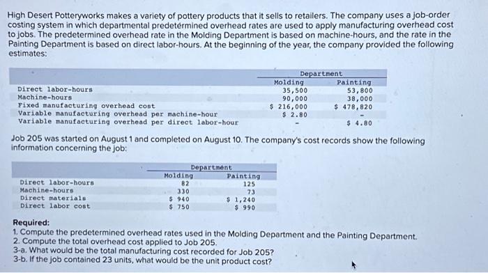 Solved High Desert Potteryworks makes a variety of pottery | Chegg.com