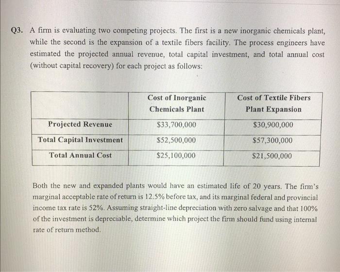 Solved 3. A firm is evaluating two competing projects. The | Chegg.com