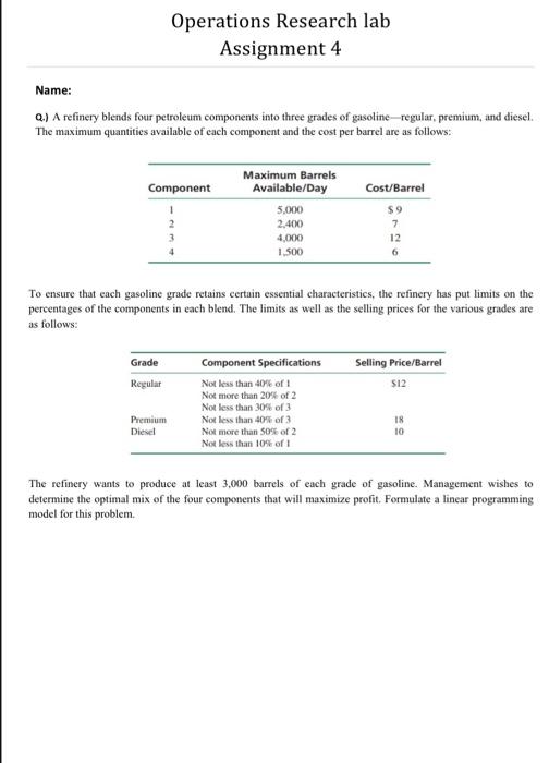 Solved Operations Research lab Assignment 4 Name: Q.) A | Chegg.com