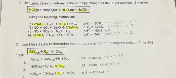 Solved 1. Use Hess's Law to determine the enthalpy change | Chegg.com