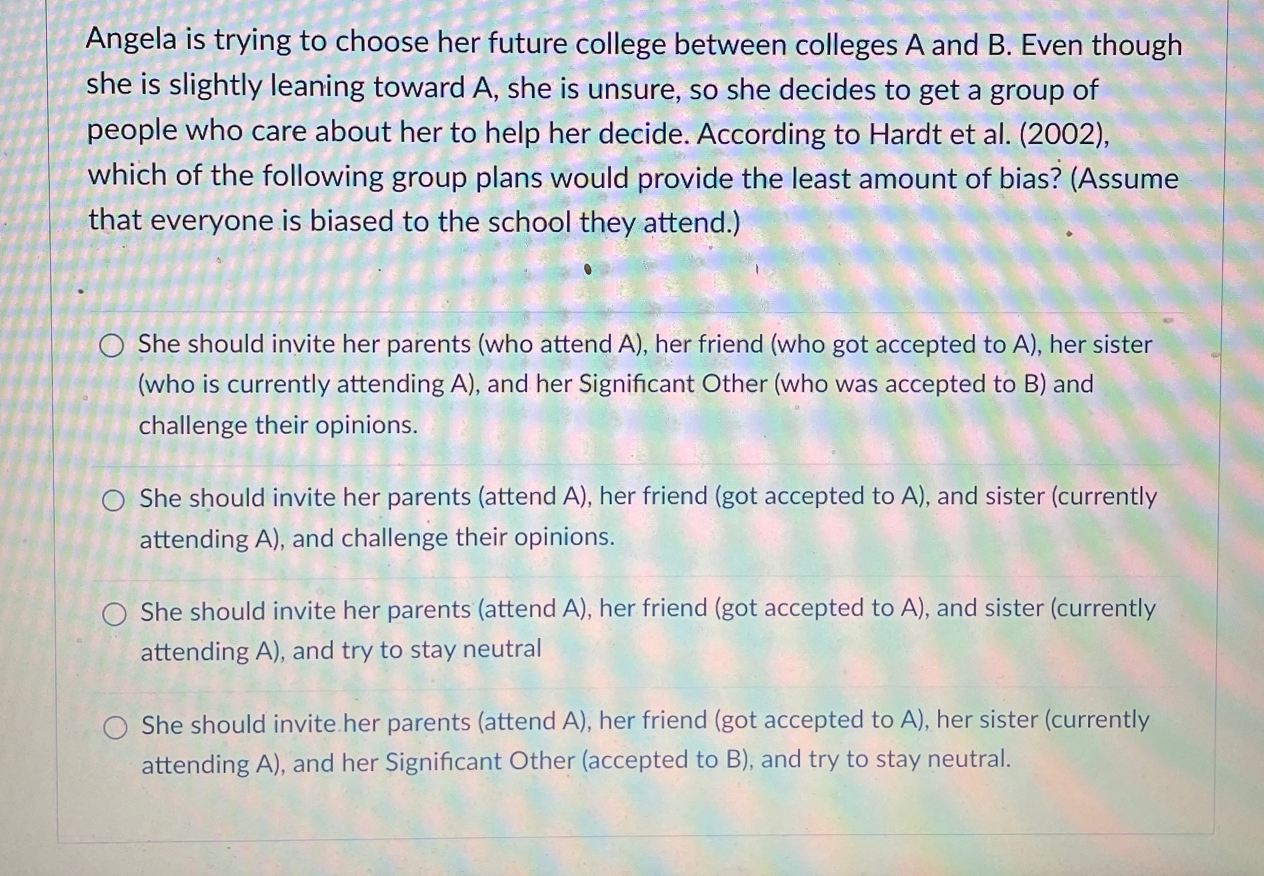 Solved Angela is trying to choose her future college between | Chegg.com