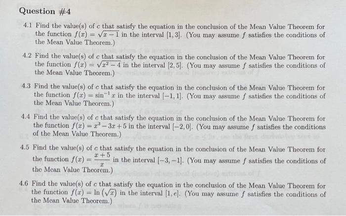 Solved Question #4 4.1 Find the value(s) of c that satisfy | Chegg.com