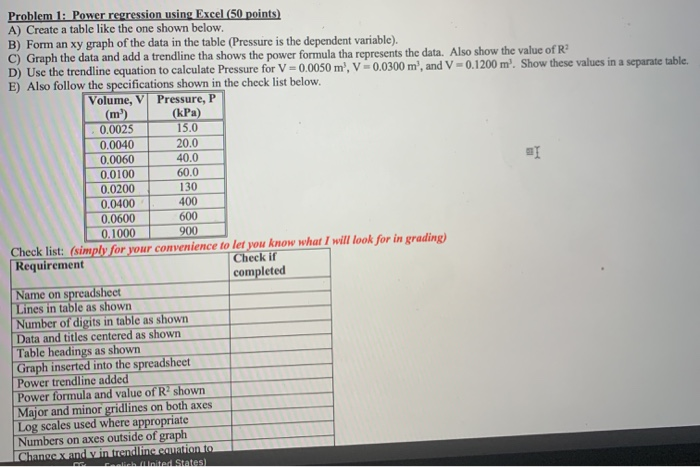 Solved Problem 1: Power regression using Excel (50 points) | Chegg.com