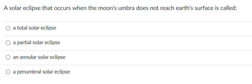 Solved A solar eclipse that occurs when the moon's umbra | Chegg.com