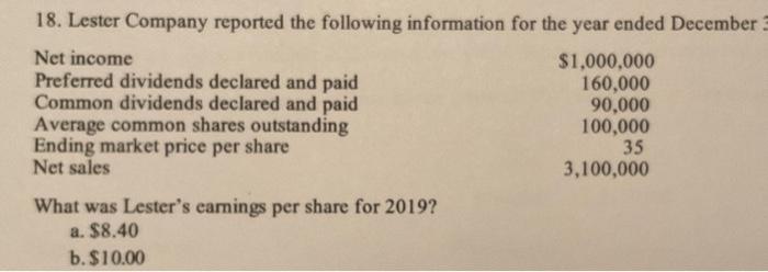 Solved 18. Lester Company reported the following information | Chegg.com