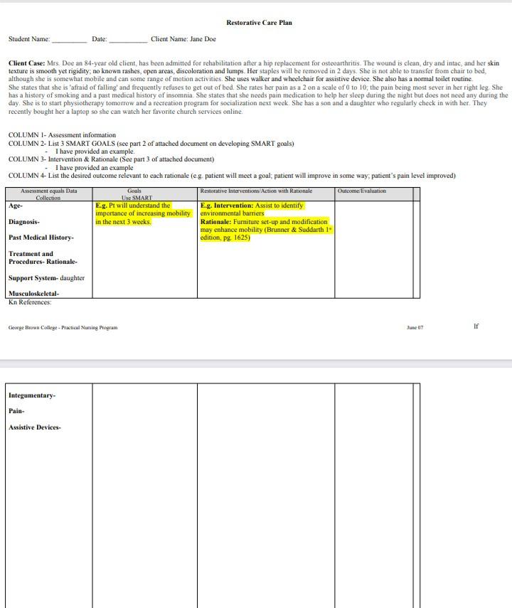 CARE PLANS & SMART GOALS Part 1: A restorative Care | Chegg.com