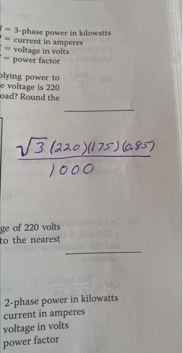 l=3-phase power in kilowatts = current in amperes = | Chegg.com