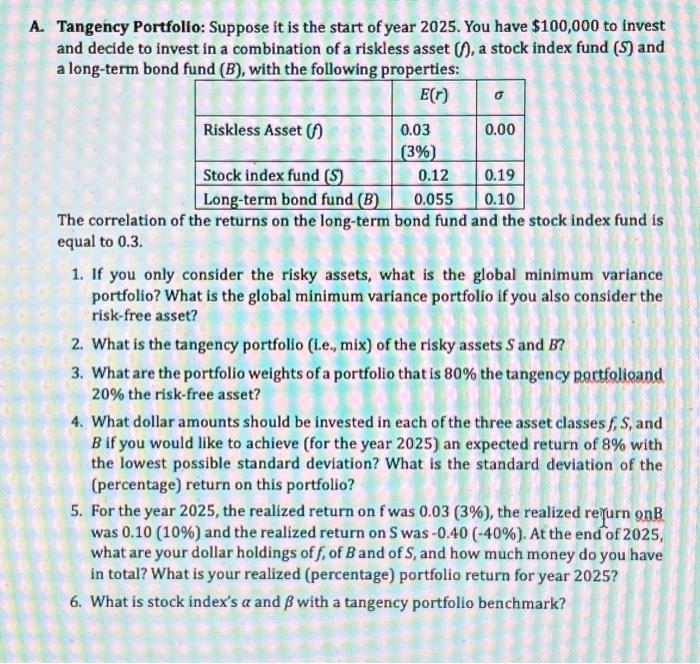Solved A. Tangency Portfolio: Suppose it is the start of | Chegg.com