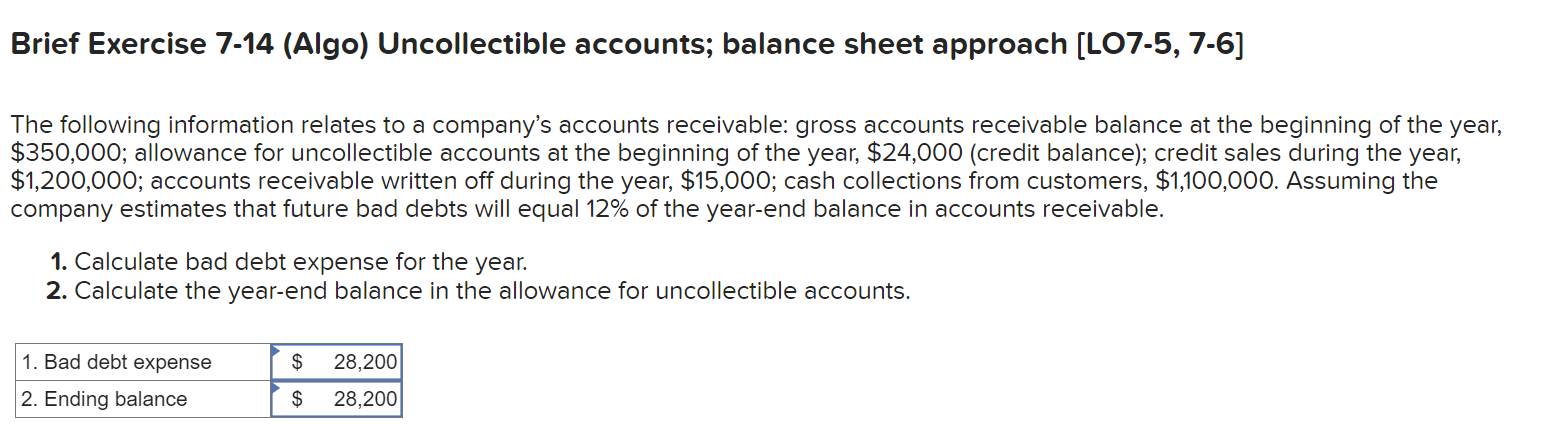 Solved Brief Exercise 7-14 (Algo) Uncollectible accounts; | Chegg.com Solved Brief Exercise 7-14 (Algo) Uncollectible accounts; | Chegg.com