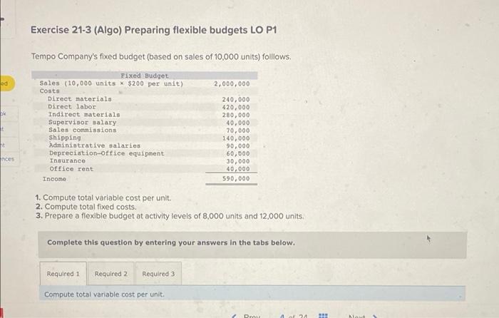 Solved Exercise 21-3 (Algo) Preparing flexible budgets LO P1 | Chegg.com