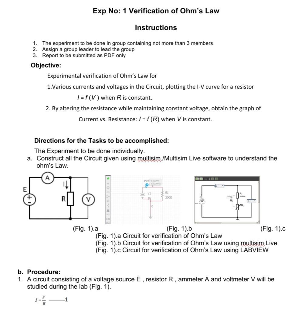 Solved Exp No: 1 Verification of Ohm's Law Instructions 1. | Chegg.com
