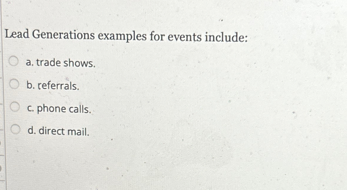 Solved Lead Generations examples for events include:a. | Chegg.com