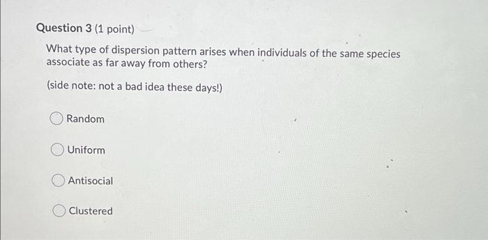 Solved Question 3 (1 point) What type of dispersion pattern | Chegg.com