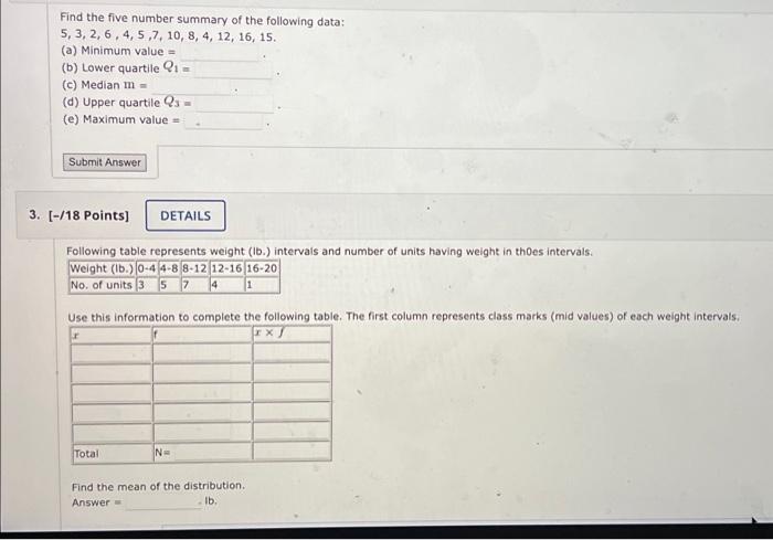 Solved Find the five number summary of the following data: | Chegg.com