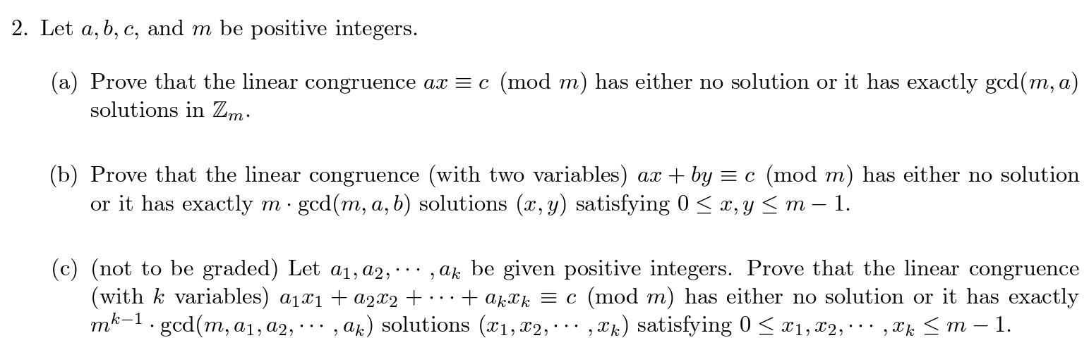 Solved 2. Let a, b, c, and m be positive integers. (a) Prove | Chegg.com