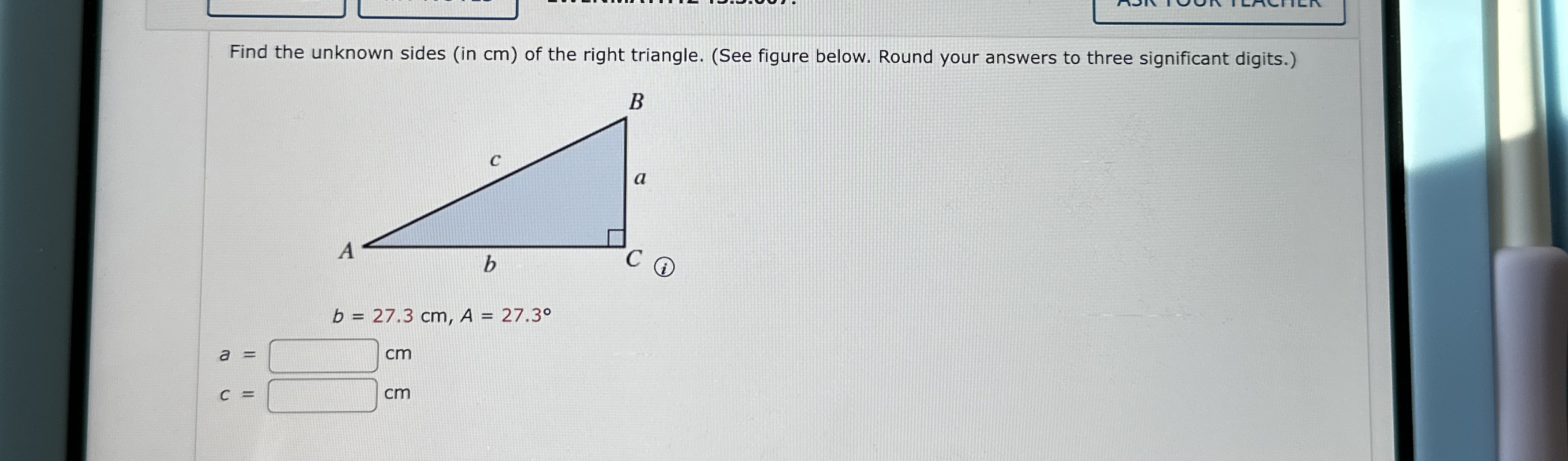 Solved Find the unknown sides (in cm ) ﻿of the right | Chegg.com