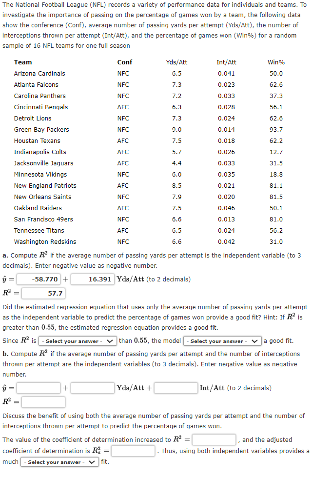 Solved The National Football League (NFL) ﻿records a variety | Chegg.com