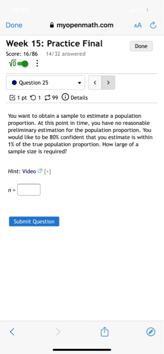 Solved Done myopenmath.com АА С Done Week 15: Practice Final | Chegg.com