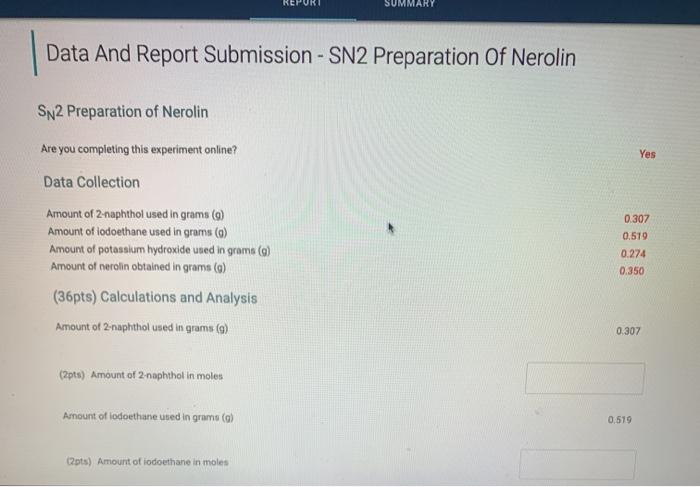 REPUR SUMMARY Data And Report Submission - SN2 | Chegg.com