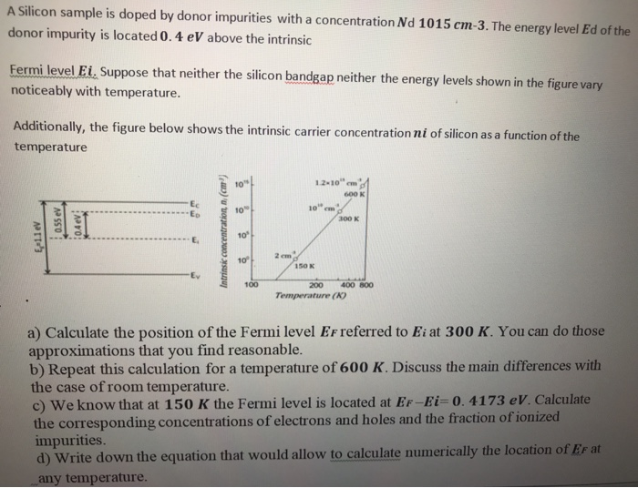 Solved A Silicon sample is doped by donor impurities with a | Chegg.com