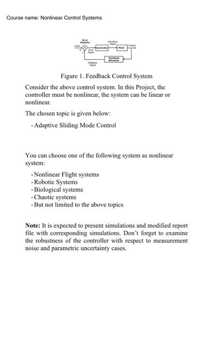 Solved Course name: Nonlinear Control Systems Figure 1. | Chegg.com