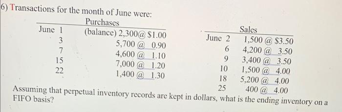 Solved 6) Transactions for the month of June were: A: FIFO | Chegg.com