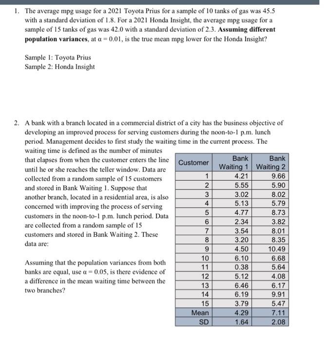 Solved 1. The average mpg usage for a 2021 Toyota Prius for | Chegg.com