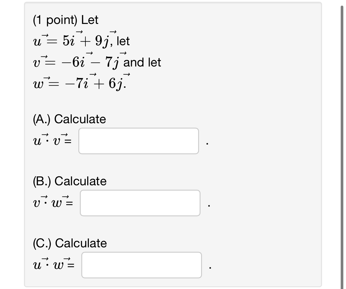 Solved (1 ﻿point) ﻿Letuvec(u)vec(i)+9vec(j), | Chegg.com