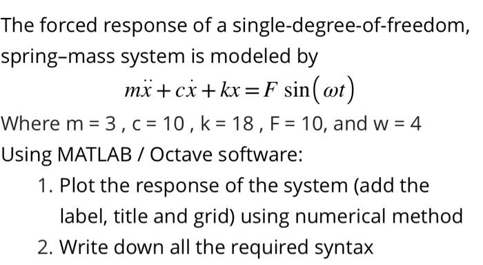[Solved]: The forced response of a single-degree-of-freedom
