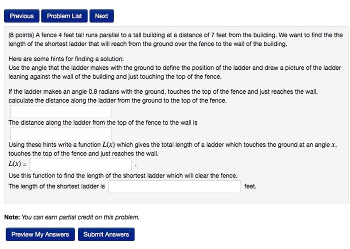 Solved Previous Probler List Next (8 points) A fence 4 feet | Chegg.com