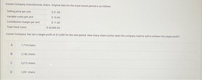 Solved Corwin Company manufactures chairs. Original data for | Chegg.com